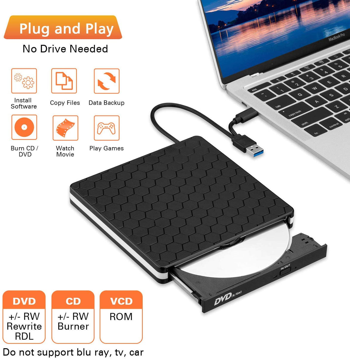 X0023CDGYL External DVD Drive, USB 3.0 Type-C CD DVD +/-RW Optical Dri ...